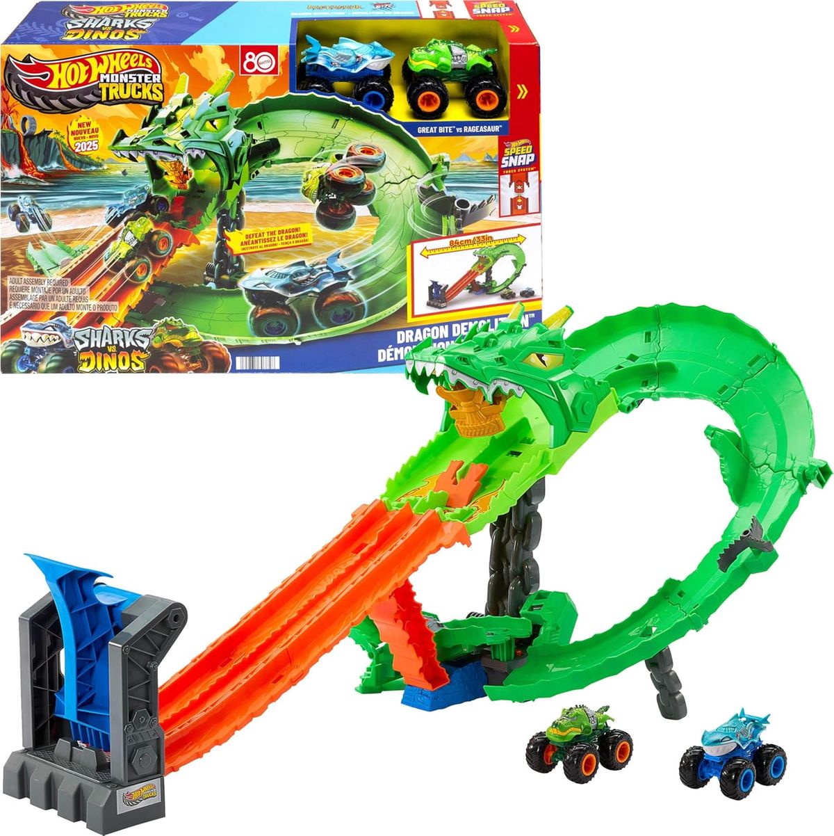 Hot Wheels Monster Trucks - Dragon Destruction Set - Sharks vs Dinos ...